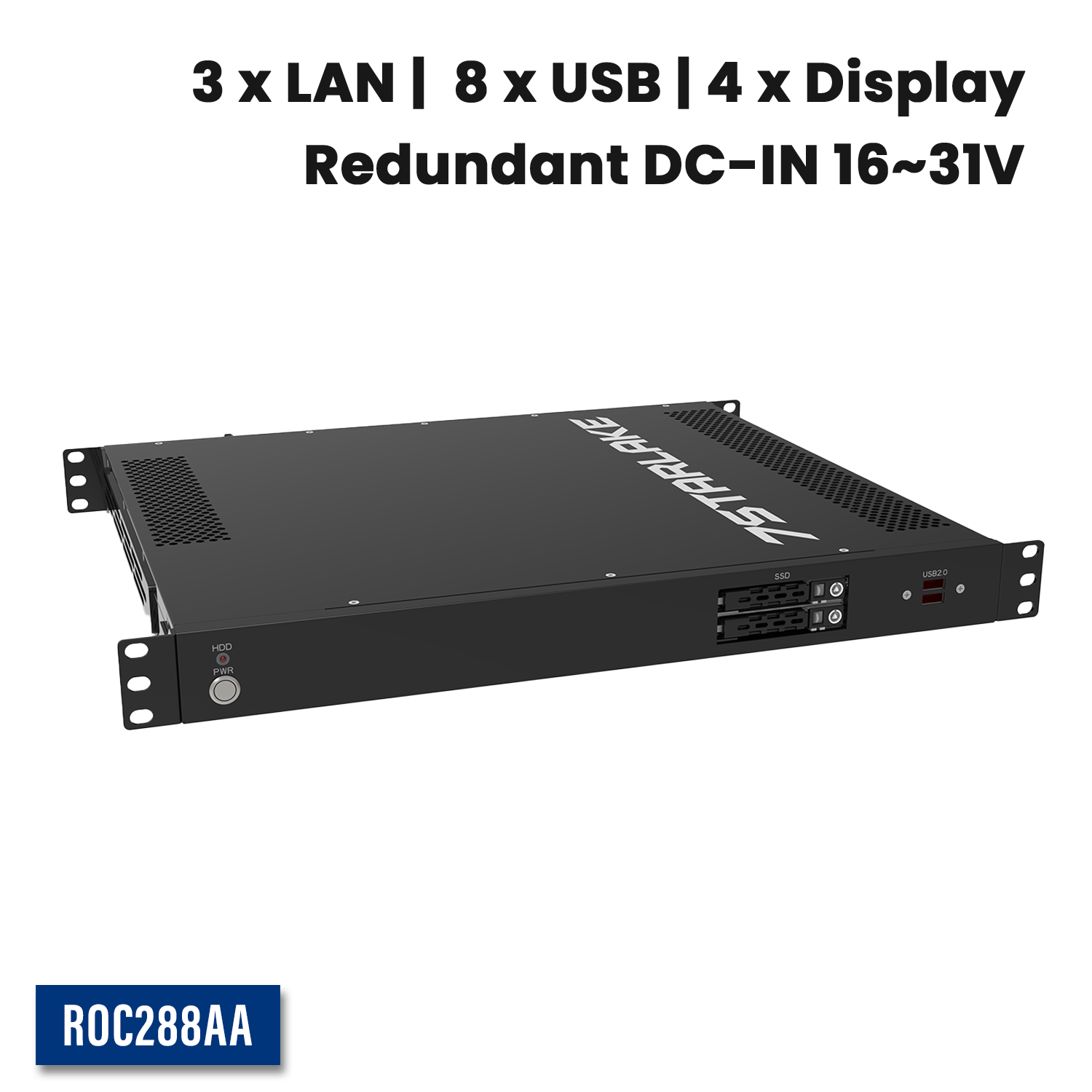 ROC288AA: 1U Fanless Rackmount Server with 3 x LAN, 8 x USB, 4 x Displ ...